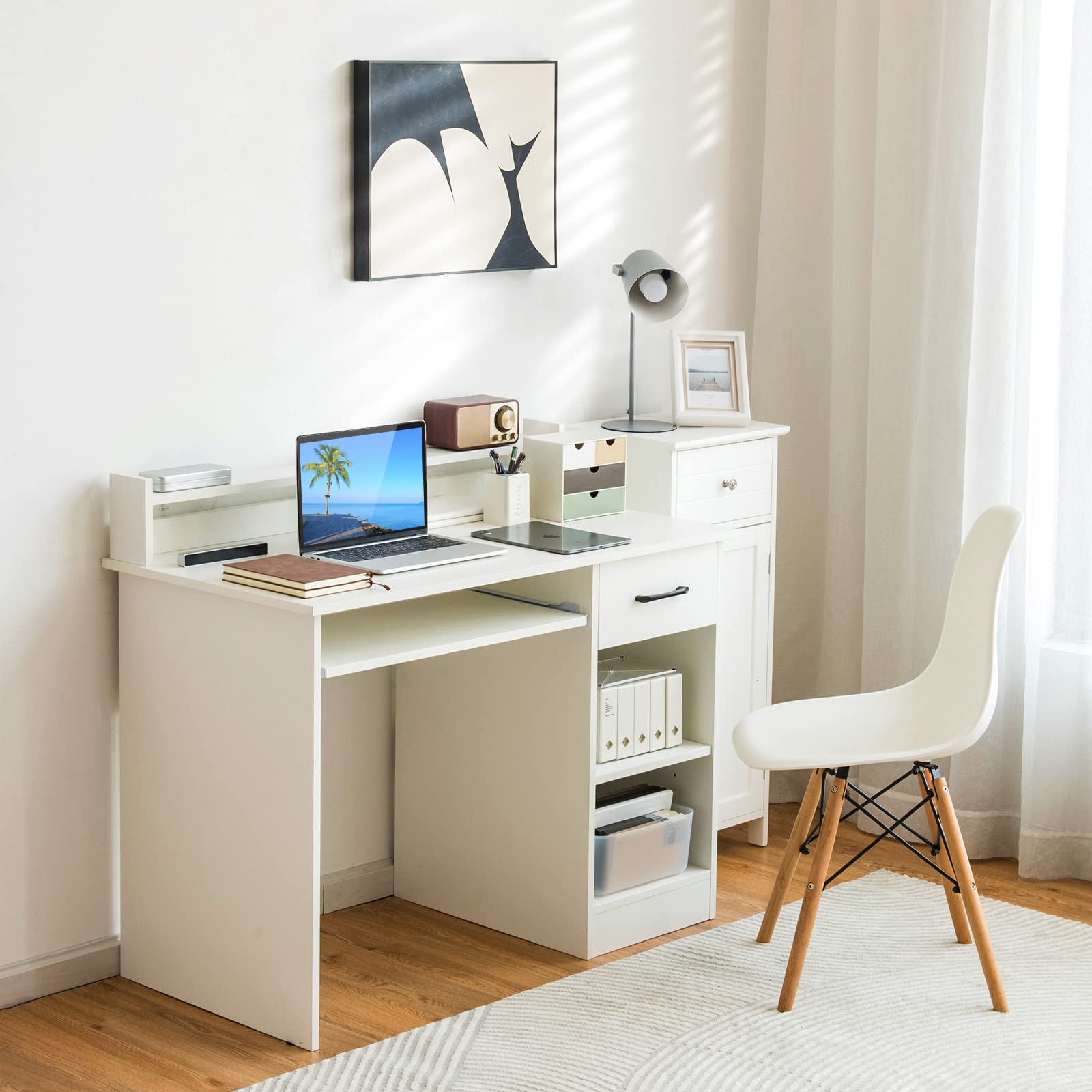 SILKYDRY Computer Desk with Hutch & Keyboard Tray, Home Office Workstation with Drawer, Adjustable Shelves, Modern Vanity Table for Bedroom, Wooden Writing Study Laptop PC Desk (White)