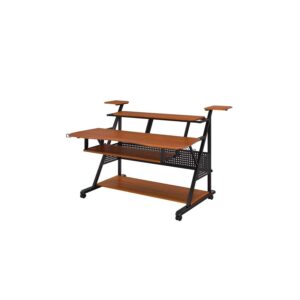 acme furniture metal and wooden music desk with wheels, cherry and black