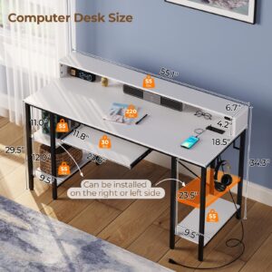 Rolanstar Computer Desk 55 inch with LED Lights & Power Outlets, Gaming Desk with Storage Shelves, Home Office Desk with Keyboard Tray, Writing Desk with Monitor Stand, Study Desk, White