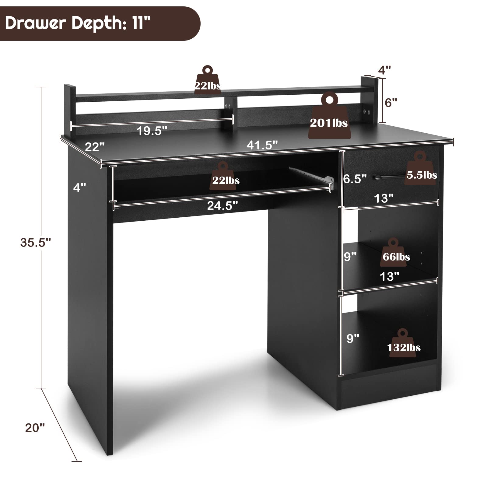 COSTWAY Computer Desk with Hutch, Home Office Desk with Drawer, Adjustable Shelf & Keyboard Tray, Study Writing Desk, Executive Workstation for Living Room, Bedroom & Study (Black)