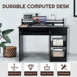 COSTWAY Computer Desk with Hutch, Home Office Desk with Drawer, Adjustable Shelf & Keyboard Tray, Study Writing Desk, Executive Workstation for Living Room, Bedroom & Study (Black)