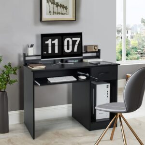 COSTWAY Computer Desk with Hutch, Home Office Desk with Drawer, Adjustable Shelf & Keyboard Tray, Study Writing Desk, Executive Workstation for Living Room, Bedroom & Study (Black)