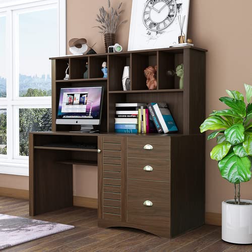 Home Office Computer Desk, Wood Executive Office Desk with Drawers, Hutches Big Storage Space Writing Table Game Table, Office Desk with Keyboard Tray and Drawers for Small Space （Walnut）