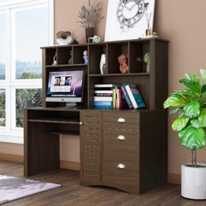 Home Office Computer Desk, Wood Executive Office Desk with Drawers, Hutches Big Storage Space Writing Table Game Table, Office Desk with Keyboard Tray and Drawers for Small Space （Walnut）