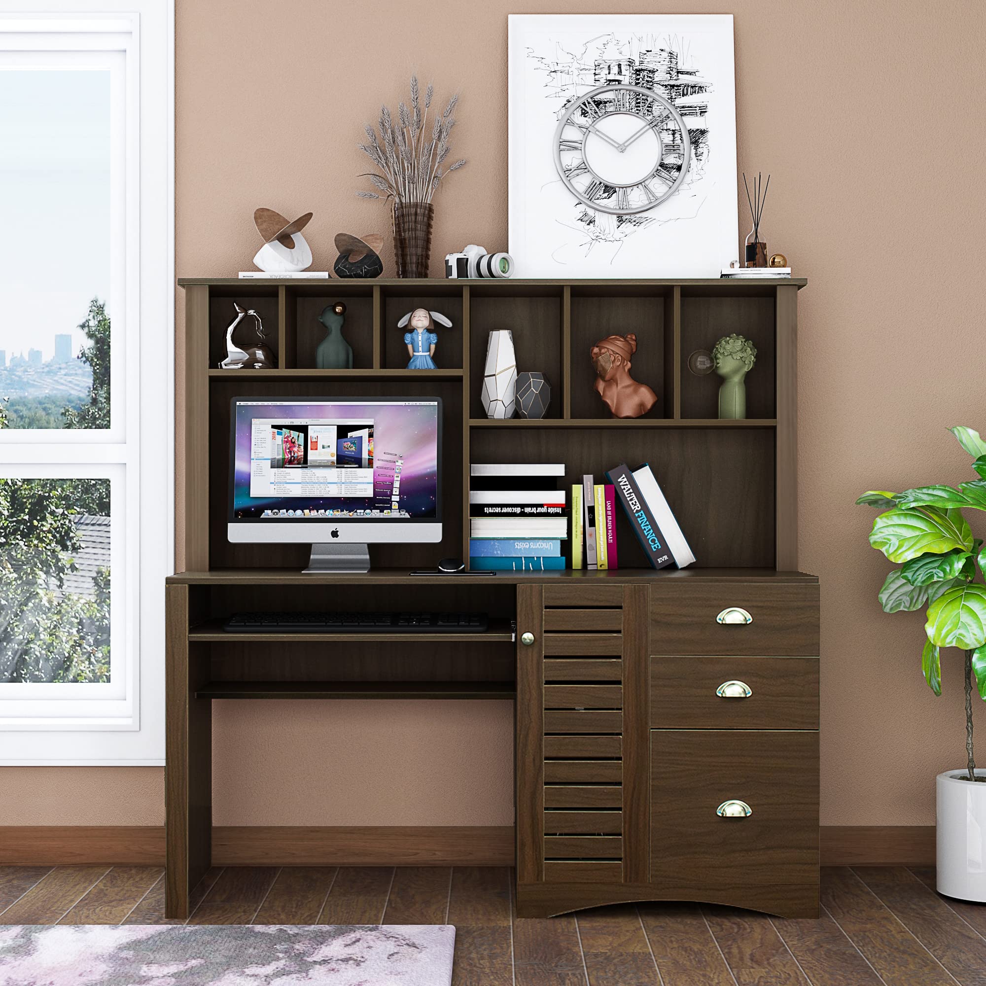 Home Office Computer Desk, Wood Executive Office Desk with Drawers, Hutches Big Storage Space Writing Table Game Table, Office Desk with Keyboard Tray and Drawers for Small Space （Walnut）