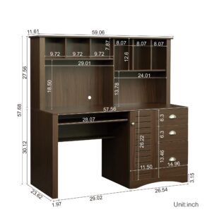 Home Office Computer Desk, Wood Executive Office Desk with Drawers, Hutches Big Storage Space Writing Table Game Table, Office Desk with Keyboard Tray and Drawers for Small Space （Walnut）