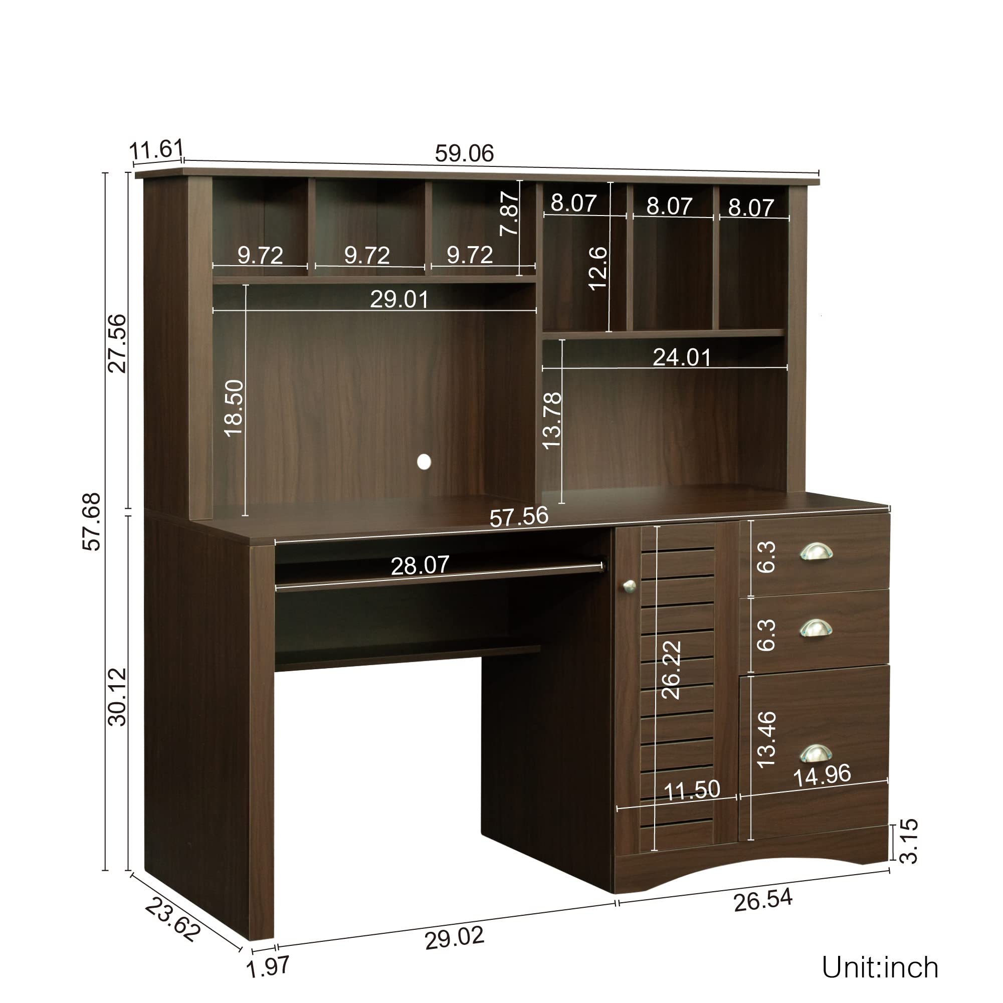 Home Office Computer Desk, Wood Executive Office Desk with Drawers, Hutches Big Storage Space Writing Table Game Table, Office Desk with Keyboard Tray and Drawers for Small Space （Walnut）