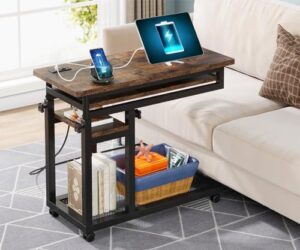 tribesigns small portable desk with power outlet, height adjustable sofa couch bedside laptop table with wheels, mobile standing desk rolling computer cart c side table with usb ports