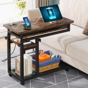 Tribesigns Small Portable Desk with Power Outlet, Height Adjustable Sofa Couch Bedside Laptop Table with Wheels, Mobile Standing Desk Rolling Computer Cart C Side Table with USB Ports