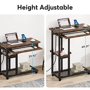 Tribesigns Small Portable Desk with Power Outlet, Height Adjustable Sofa Couch Bedside Laptop Table with Wheels, Mobile Standing Desk Rolling Computer Cart C Side Table with USB Ports