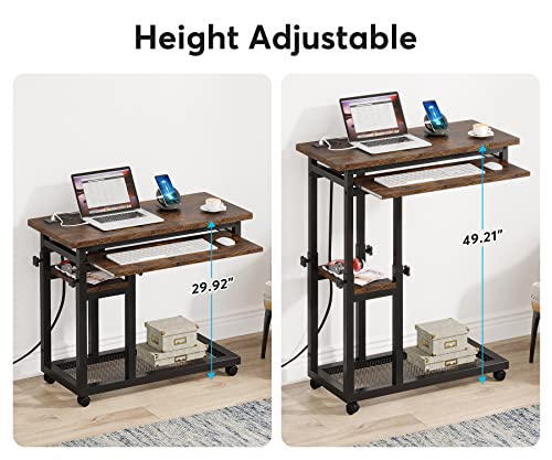 Tribesigns Small Portable Desk with Power Outlet, Height Adjustable Sofa Couch Bedside Laptop Table with Wheels, Mobile Standing Desk Rolling Computer Cart C Side Table with USB Ports