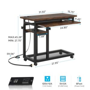 Tribesigns Small Portable Desk with Power Outlet, Height Adjustable Sofa Couch Bedside Laptop Table with Wheels, Mobile Standing Desk Rolling Computer Cart C Side Table with USB Ports