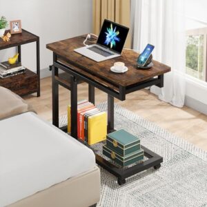 Tribesigns Small Portable Desk with Power Outlet, Height Adjustable Sofa Couch Bedside Laptop Table with Wheels, Mobile Standing Desk Rolling Computer Cart C Side Table with USB Ports