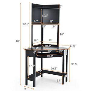 IFANNY Corner Computer Desk with Hutch, Triangle Corner Desk w/Keyboard Tray and Bookshelves, Corner Writing Desk with Storage Shelves, Small Corner Desks for Small Spaces (Black)