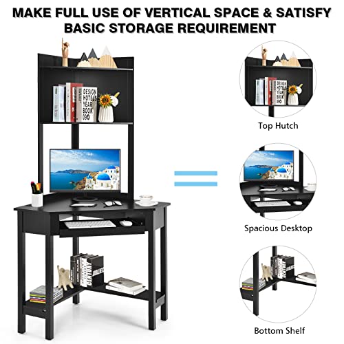 IFANNY Corner Computer Desk with Hutch, Triangle Corner Desk w/Keyboard Tray and Bookshelves, Corner Writing Desk with Storage Shelves, Small Corner Desks for Small Spaces (Black)