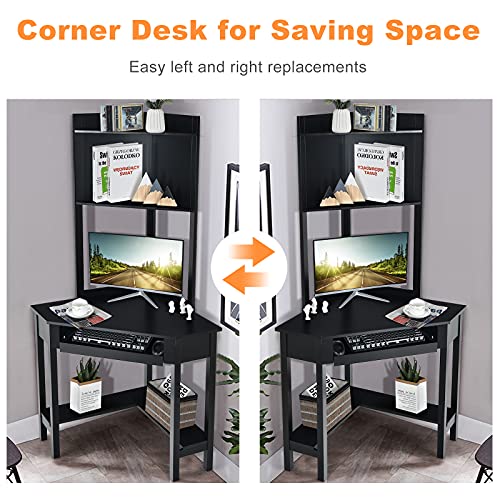 IFANNY Corner Computer Desk with Hutch, Triangle Corner Desk w/Keyboard Tray and Bookshelves, Corner Writing Desk with Storage Shelves, Small Corner Desks for Small Spaces (Black)