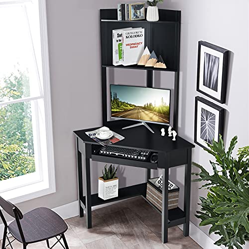 IFANNY Corner Computer Desk with Hutch, Triangle Corner Desk w/Keyboard Tray and Bookshelves, Corner Writing Desk with Storage Shelves, Small Corner Desks for Small Spaces (Black)