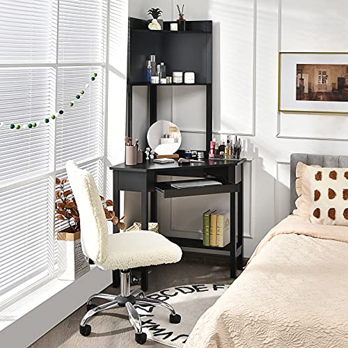 IFANNY Corner Computer Desk with Hutch, Triangle Corner Desk w/Keyboard Tray and Bookshelves, Corner Writing Desk with Storage Shelves, Small Corner Desks for Small Spaces (Black)