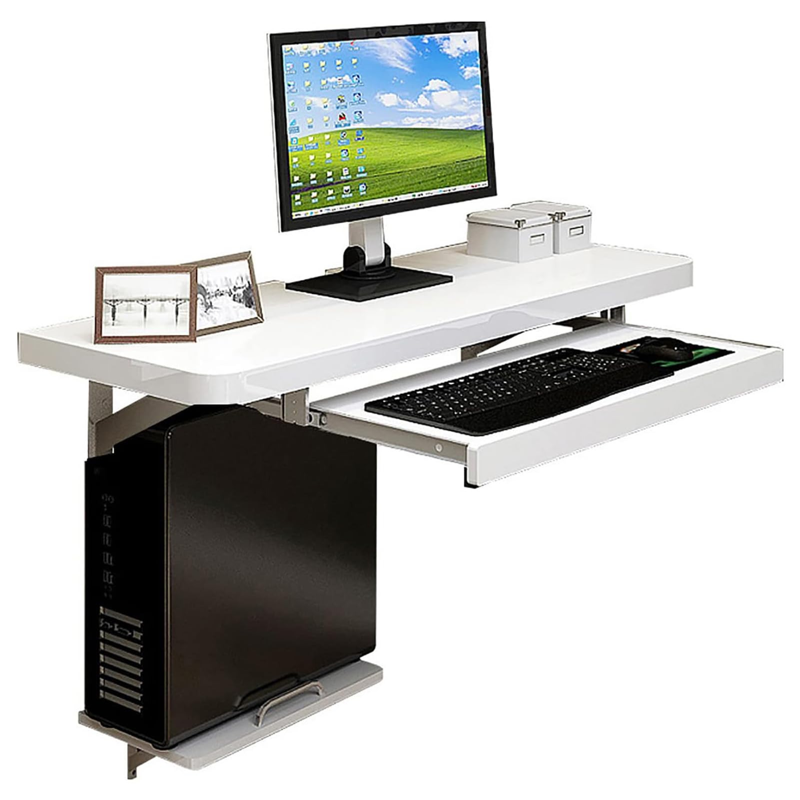 QLYFWLKQ Wall Mounted Desk,Floating Computer Desk with Mainframe Bracket and Keyboard Tray, Wall Mount Workbench White Table Desk for Home Office Small Wooden Drop Leaf Table (80CM)