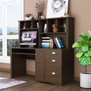 computer desk with hutch & keyboard tray, wood executive desk teens student study desk with 3 large drawers & 2-tier open bookshelf, writing laptop table office desk for small space bedroom, walnut