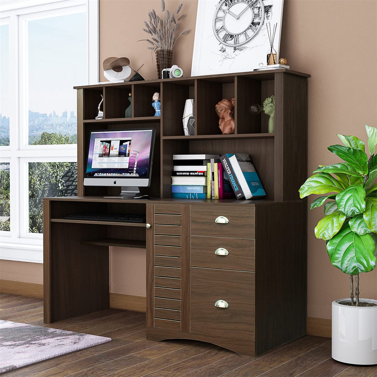 Computer Desk with Hutch & Keyboard Tray, Wood Executive Desk Teens Student Study Desk with 3 Large Drawers & 2-Tier Open Bookshelf, Writing Laptop Table Office Desk for Small Space Bedroom, Walnut