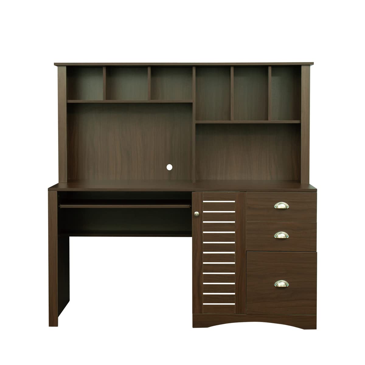 Computer Desk with Hutch & Keyboard Tray, Wood Executive Desk Teens Student Study Desk with 3 Large Drawers & 2-Tier Open Bookshelf, Writing Laptop Table Office Desk for Small Space Bedroom, Walnut