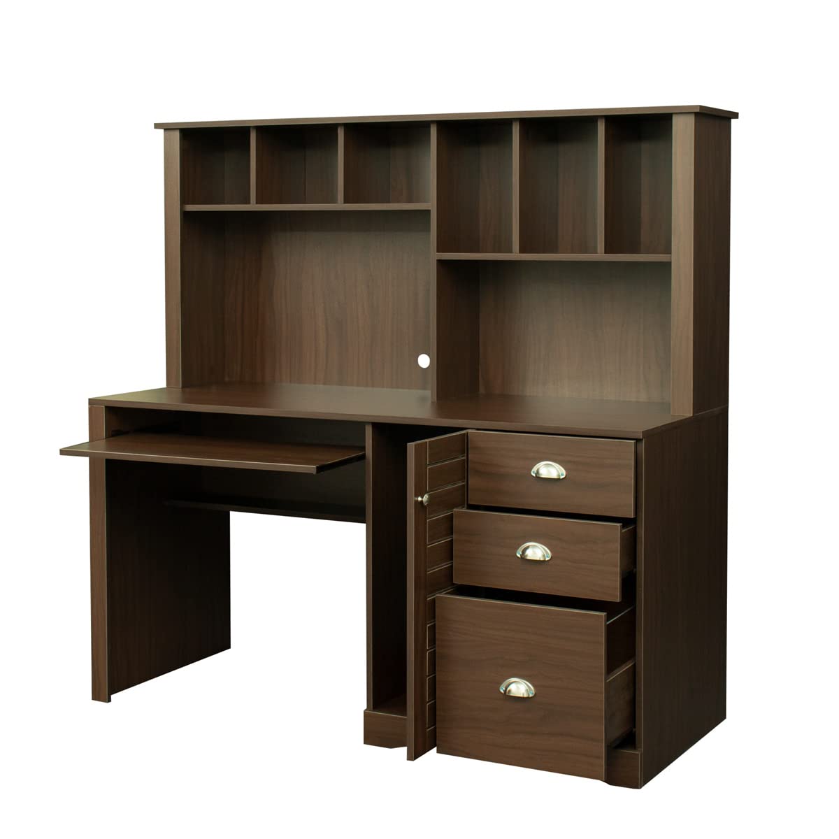 Computer Desk with Hutch & Keyboard Tray, Wood Executive Desk Teens Student Study Desk with 3 Large Drawers & 2-Tier Open Bookshelf, Writing Laptop Table Office Desk for Small Space Bedroom, Walnut