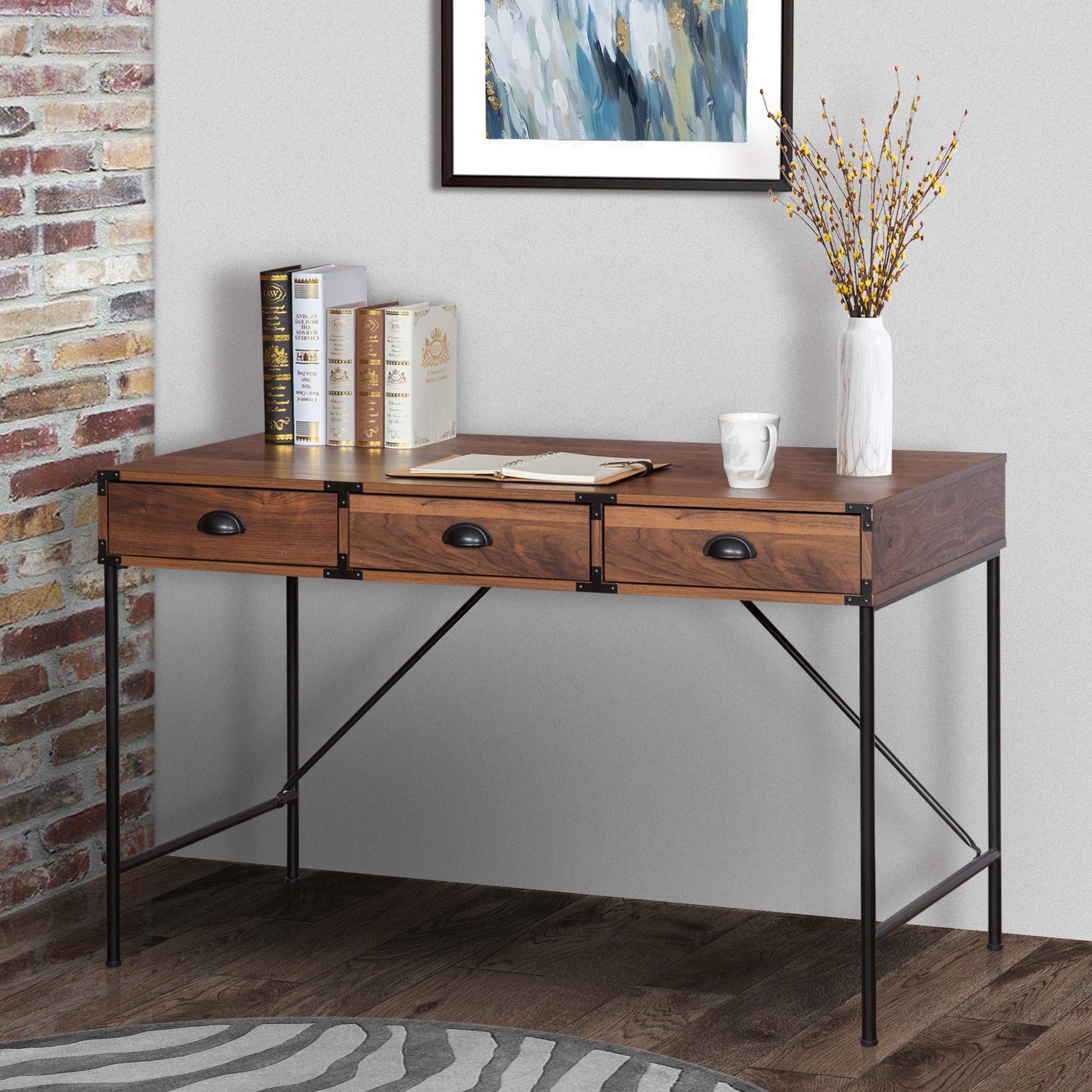 AGHDECO Computer Desk with 3 Drawers, 47" Writing Desk with Storage Home Office, Simple Industrial Style Wood Laptop Study Table Farmhouse Rustic Work Desk for Bedroom Makeup