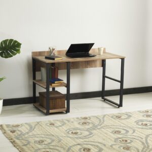 aienid solid wood walnut black computer desk black metal frame 58" wooden top 2 shelves writing and computer desk for home office, oak