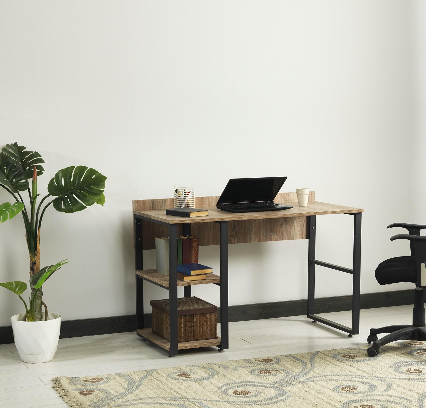 Aienid Solid Wood Walnut Black Computer Desk Black Metal Frame 58" Wooden Top 2 Shelves Writing and Computer Desk for Home Office, Oak