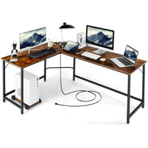 costway l-shaped desk with cpu stand, 66 inch wooden top space-saving corner desk w/metal frame, large computer gaming pc desk, writing table study desk for bedroom, study, office (rustic brown)