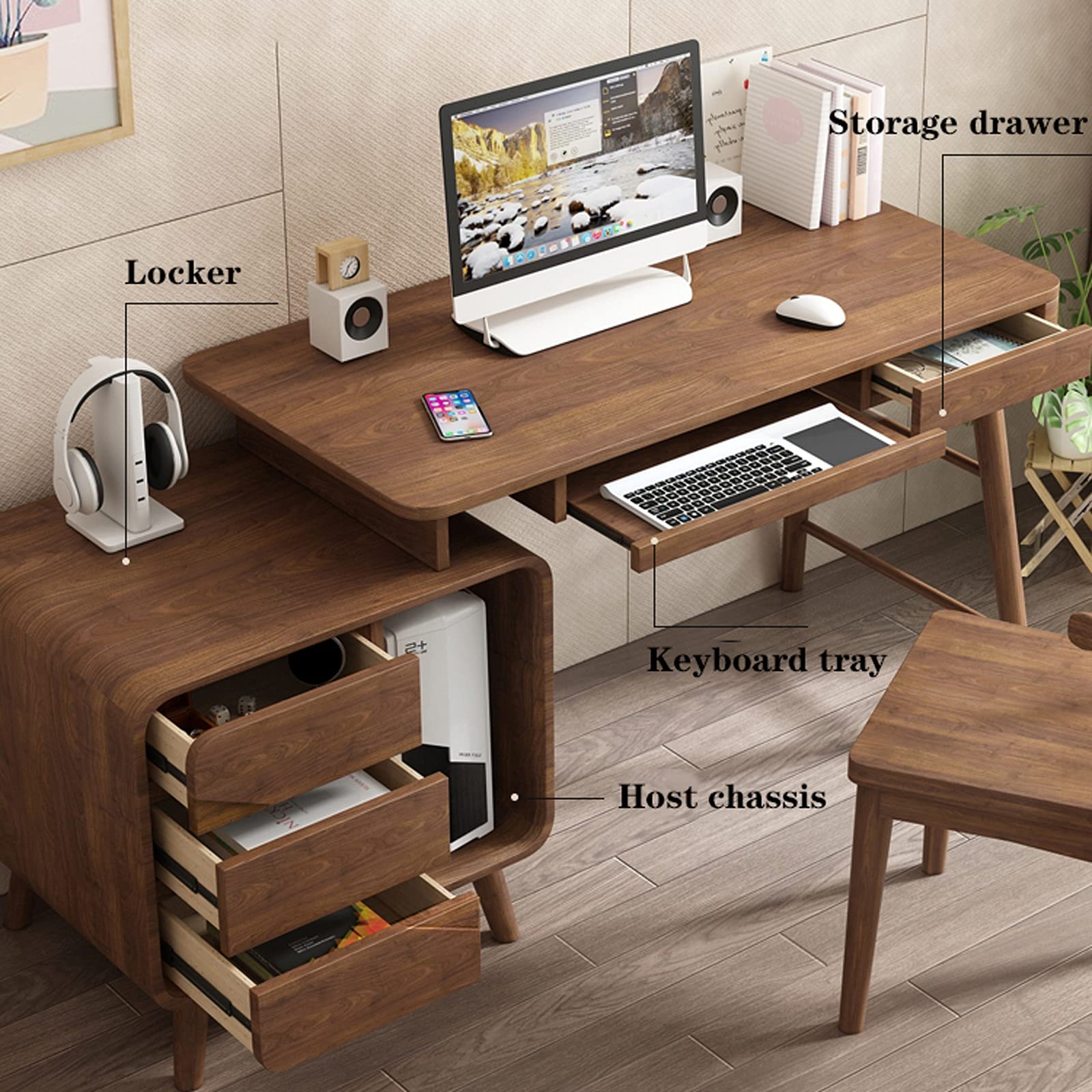 PC Desk Stable Wooden Desktop PC Desk with Lockers, Drawers and Keyboard Tray Modern Home Working Study Table Scalable Study Room Workstation Office Desks