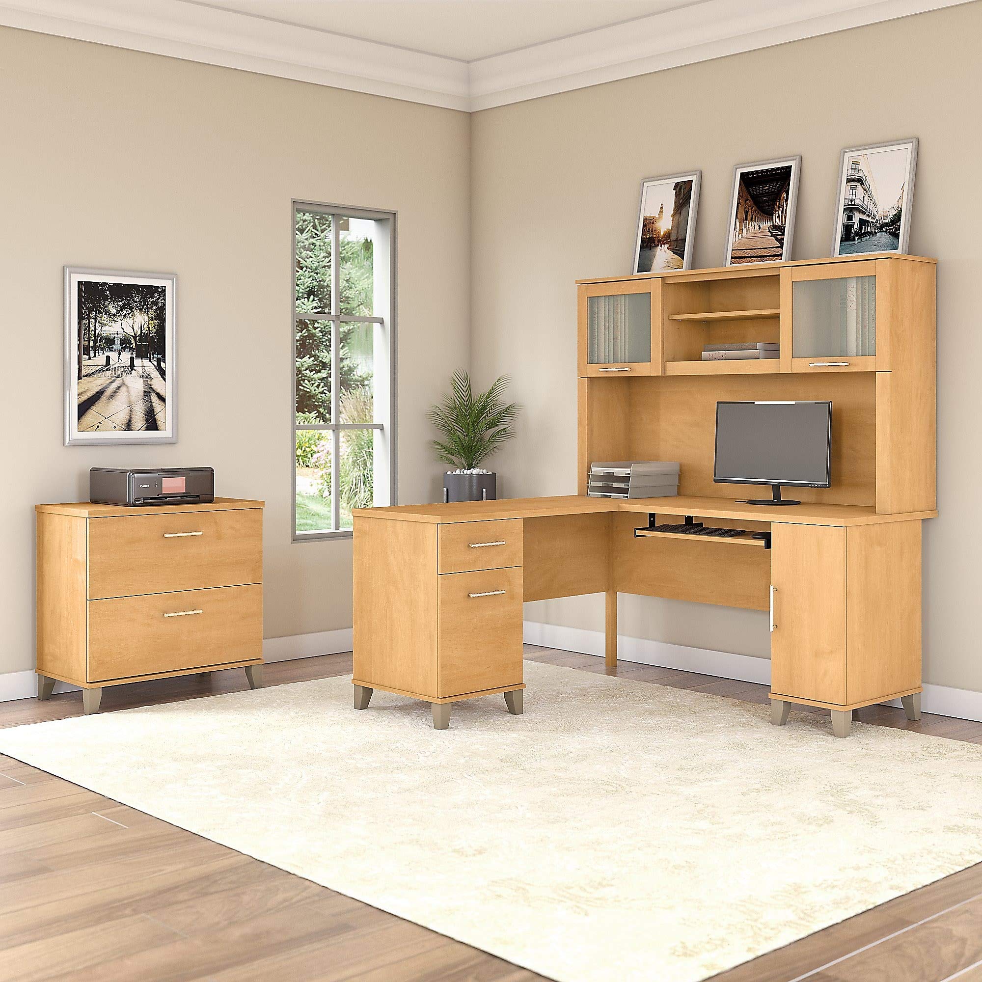 Bush Furniture Somerset L Shaped Desk with Storage | Corner Computer Table for Home Office, 60W, Maple Cross