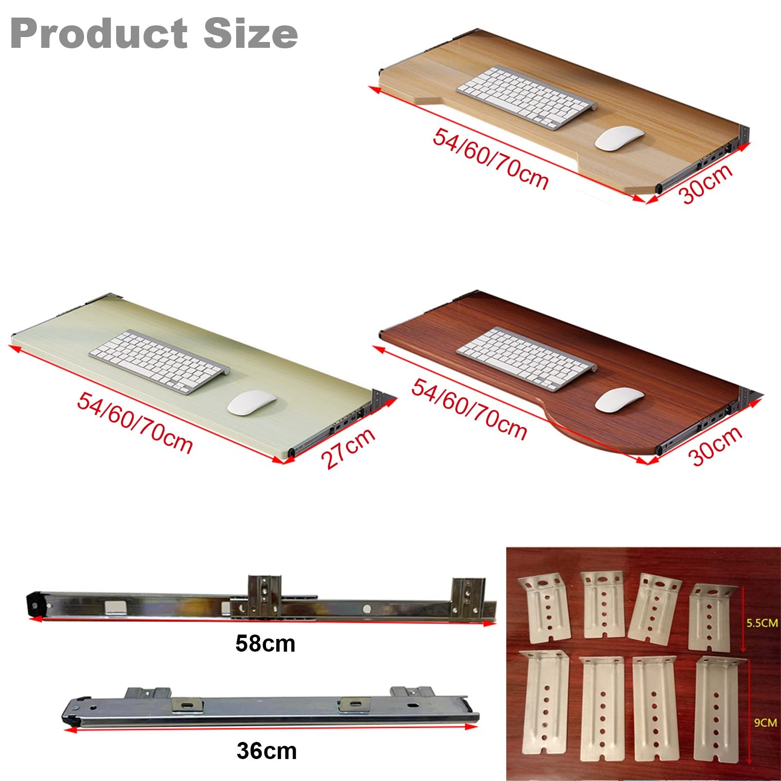 V3VOGUE Computer Desk Keyboard Tray Shelf - Under Desk Sliding, Wooden Desk Extender Tray 54/60/70 cm, with Slide, Pull Out Keyboard Platforms Keyboard Drawer Height Adjustable