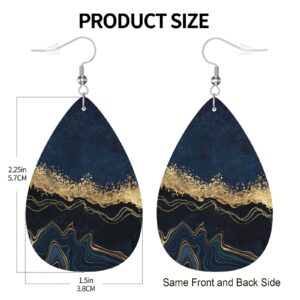 Blue Marble Earrings Faux Leather Teardrop Dangle Earrings Lightweight Leaf Earring for Women Teen Girls