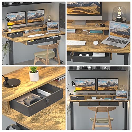 ExaDesk 55 * 30 Inches Electric Standing Widened Desk Adjustable Height with 4 Drawers, Double Storage Shelves Stand Up Desk, Home Office Workstation Sit Stand up Desk (Rustic Brown)