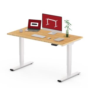 48 inch bamboo electric standing desk, 3 stage dual motor height adjustable desk, stable and durable sit to stand home office desk (white frame/ 48” x 24” natural bamboo top)