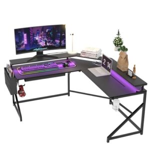 l shaped gaming desk with power outlets, 51.5" computer desk with cup holder and headphone holder,corner desk home office desk with glowing mouse pad，black