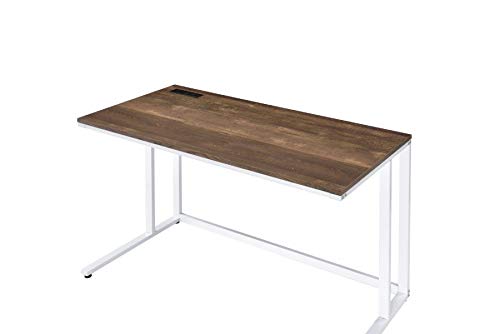 Knocbel 47in Contemporary Computer Desk with Built-in USB Port and Sockets, Home Office Workstation Writing Table with Metal Frame (Walnut and White)