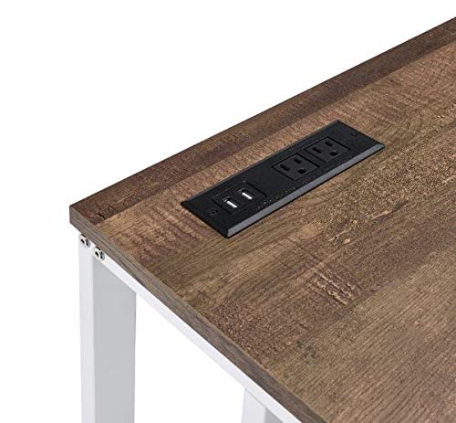 Knocbel 47in Contemporary Computer Desk with Built-in USB Port and Sockets, Home Office Workstation Writing Table with Metal Frame (Walnut and White)