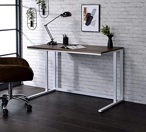 Knocbel 47in Contemporary Computer Desk with Built-in USB Port and Sockets, Home Office Workstation Writing Table with Metal Frame (Walnut and White)