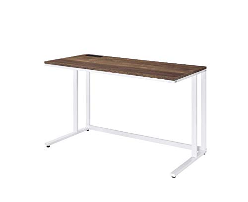 Knocbel 47in Contemporary Computer Desk with Built-in USB Port and Sockets, Home Office Workstation Writing Table with Metal Frame (Walnut and White)