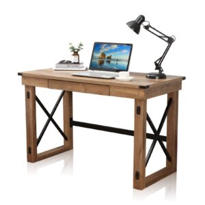 festival depot 47.5" writing computer desk large home office desk in industrial style with pull-out keyboard tray black metal and wood appearance laptop table for game study