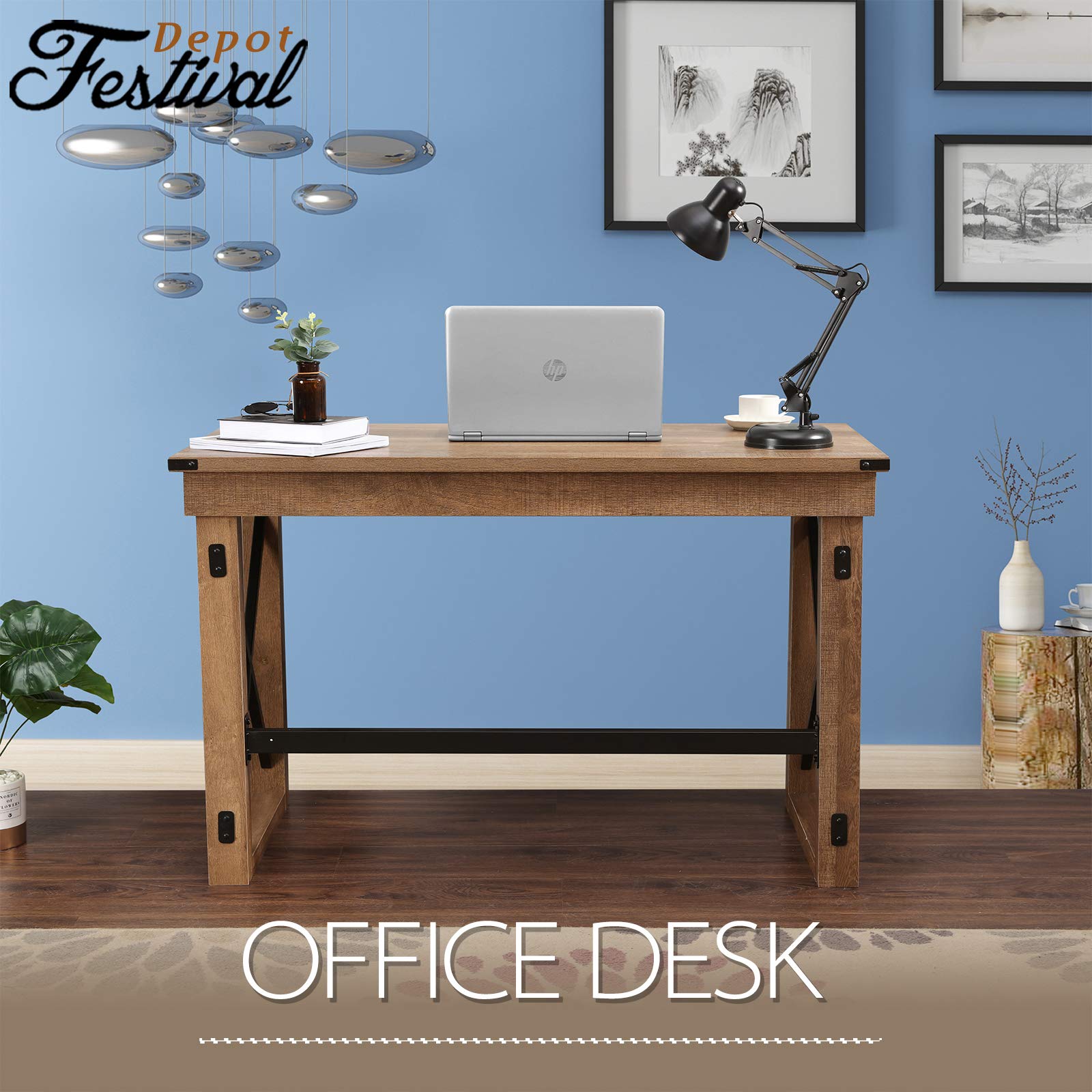 Festival Depot 47.5" Writing Computer Desk Large Home Office Desk in Industrial Style with Pull-Out Keyboard Tray Black Metal and Wood Appearance Laptop Table for Game Study