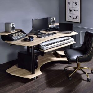 Wealthman Music Recording Studio Desk with Piano Keyboard Tray, Recording Studio Workstation Table with Stands, Bottom Shelf and Wheels, Wooden Home Office Computer Desks for Study Gaming Bedroom