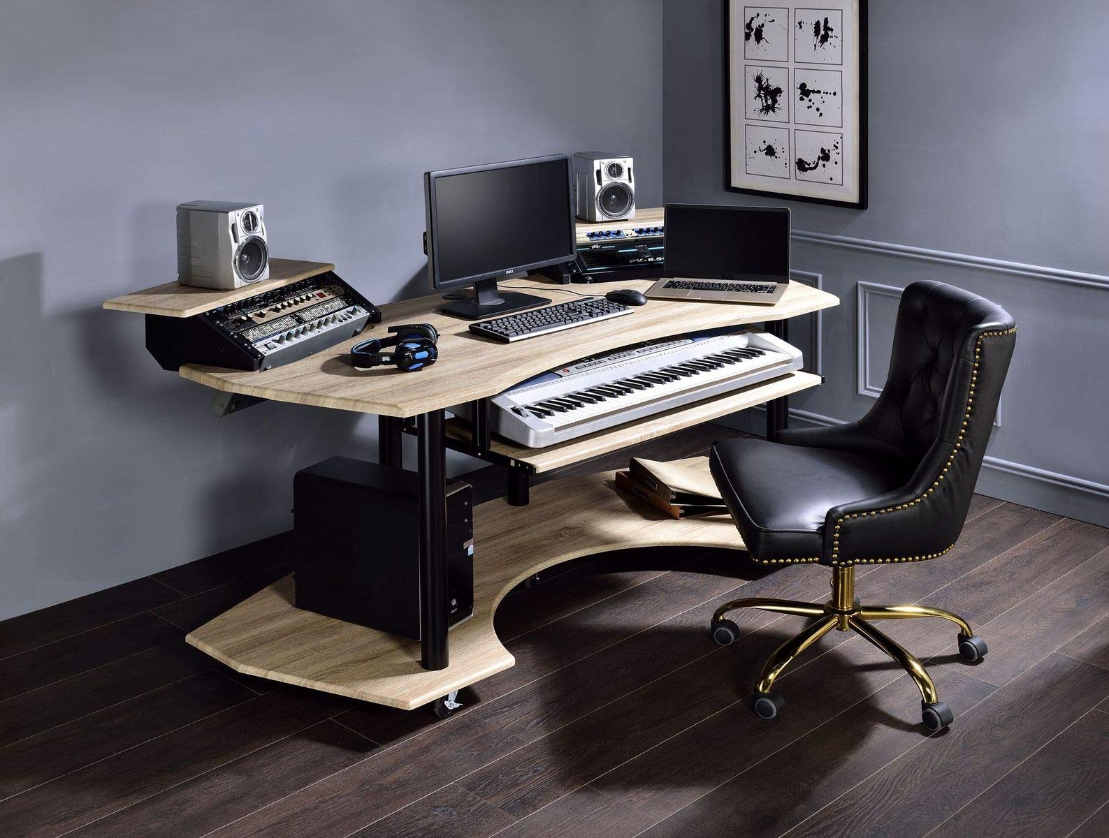 Wealthman Music Recording Studio Desk with Piano Keyboard Tray, Recording Studio Workstation Table with Stands, Bottom Shelf and Wheels, Wooden Home Office Computer Desks for Study Gaming Bedroom