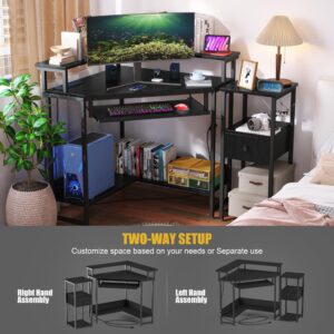 black corner desk with side table and drawer, gaming desk with power outlet, computer desk with keyboard tray and monitor shelf, home office desk with storage shelves