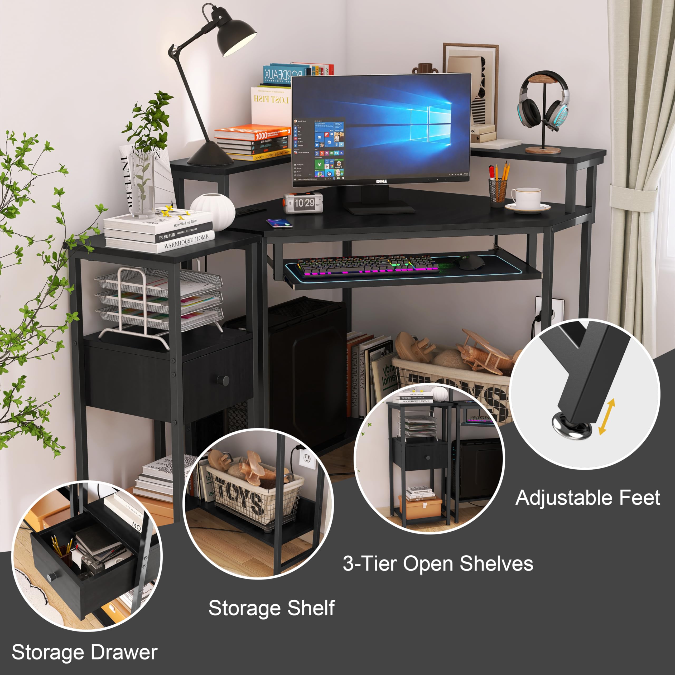 Black Corner Desk with Side Table and Drawer, Gaming Desk with Power Outlet, Computer Desk with Keyboard Tray and Monitor Shelf, Home Office Desk with Storage Shelves