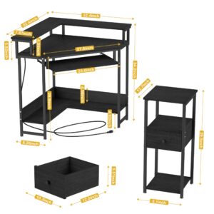 Black Corner Desk with Side Table and Drawer, Gaming Desk with Power Outlet, Computer Desk with Keyboard Tray and Monitor Shelf, Home Office Desk with Storage Shelves