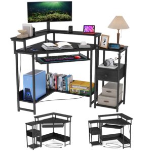 Black Corner Desk with Side Table and Drawer, Gaming Desk with Power Outlet, Computer Desk with Keyboard Tray and Monitor Shelf, Home Office Desk with Storage Shelves